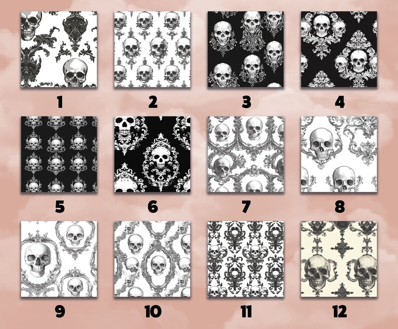 Gothic Skull Digital Paper: Black and White Damask Patterns (PNG) - Etsy