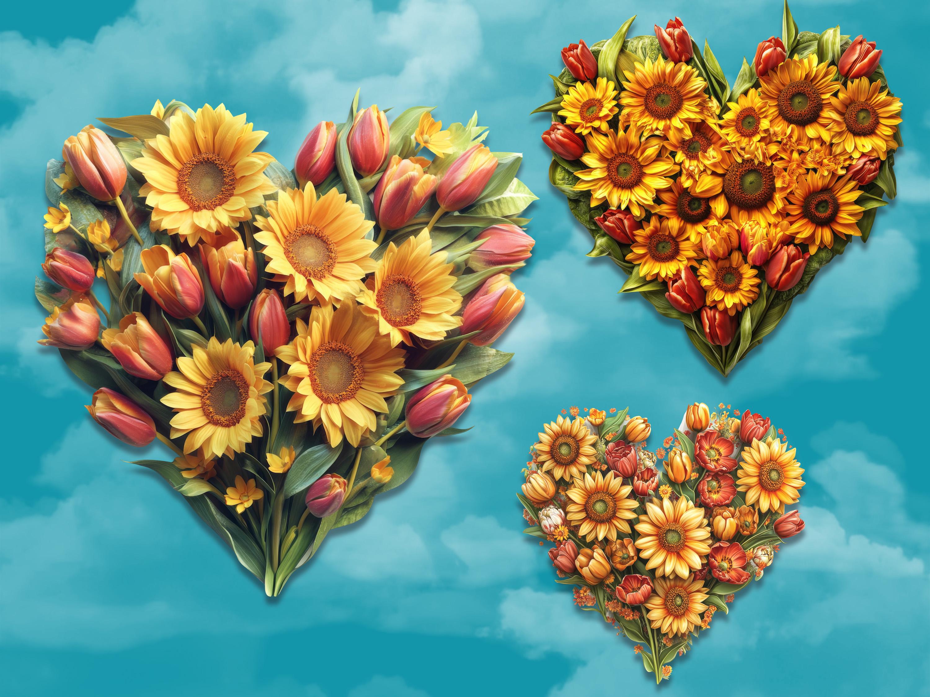 Sunflower Heart Clip Art Yellow Flower Heart Digital Paper Valentine's ...