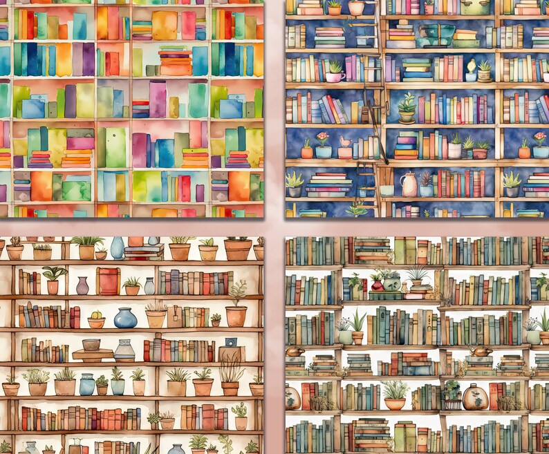 Watercolor Bookcase Digital Paper Pack Reading Library Pack of Seamless ...