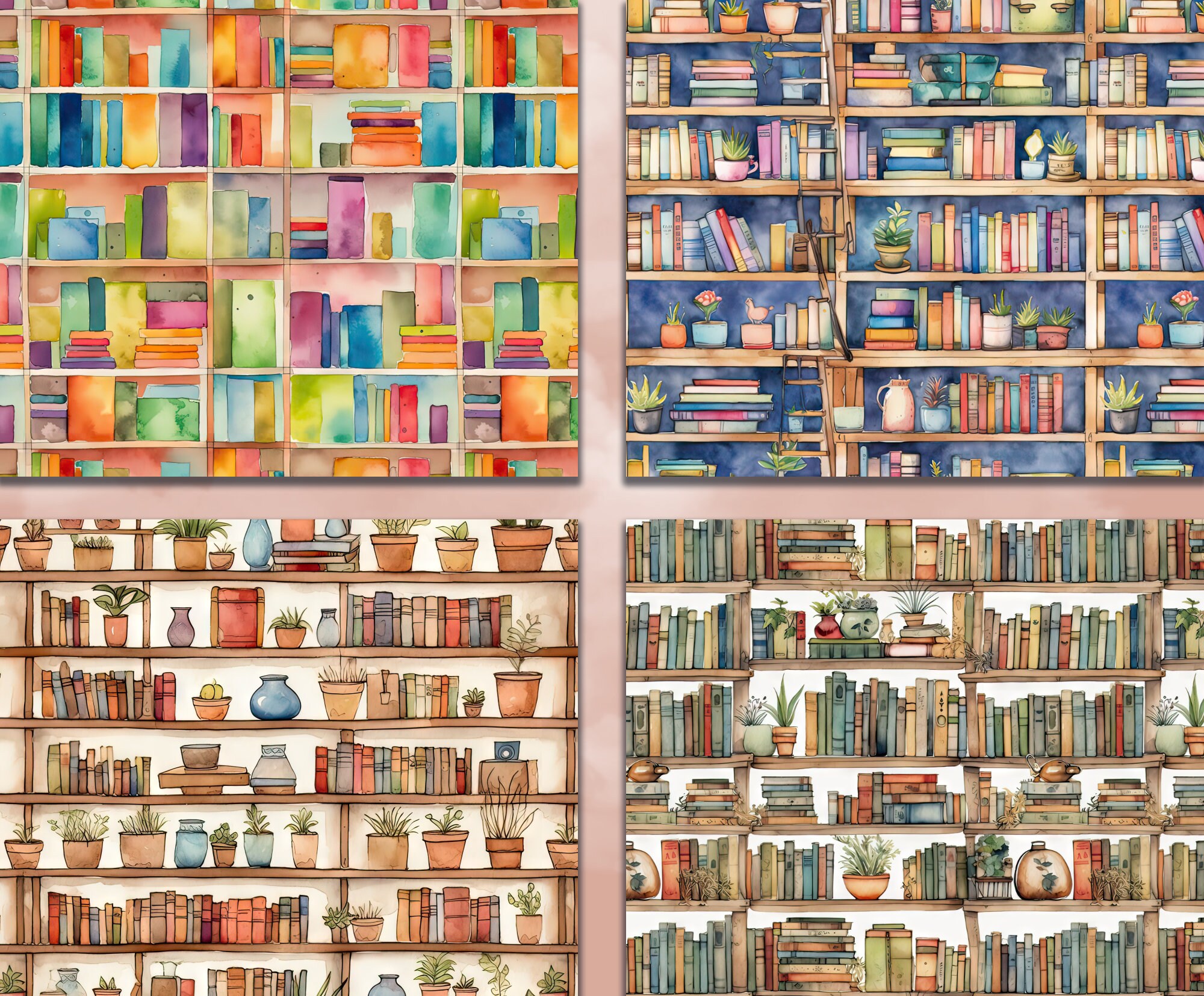 Watercolor Bookcase Digital Paper Pack Reading Library Pack of Seamless ...