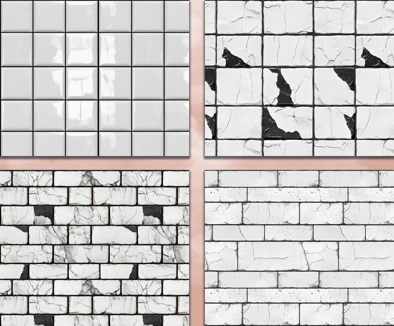 Tile Digital Paper: White & Black Brick, Seamless Texture (PNG Digital ...