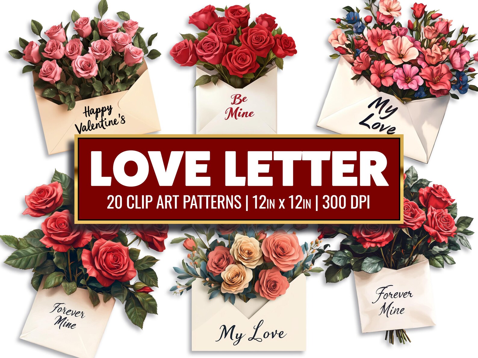 Valentine's Day Envelope Clipart Love Letter Digital Paper Rose Letter ...
