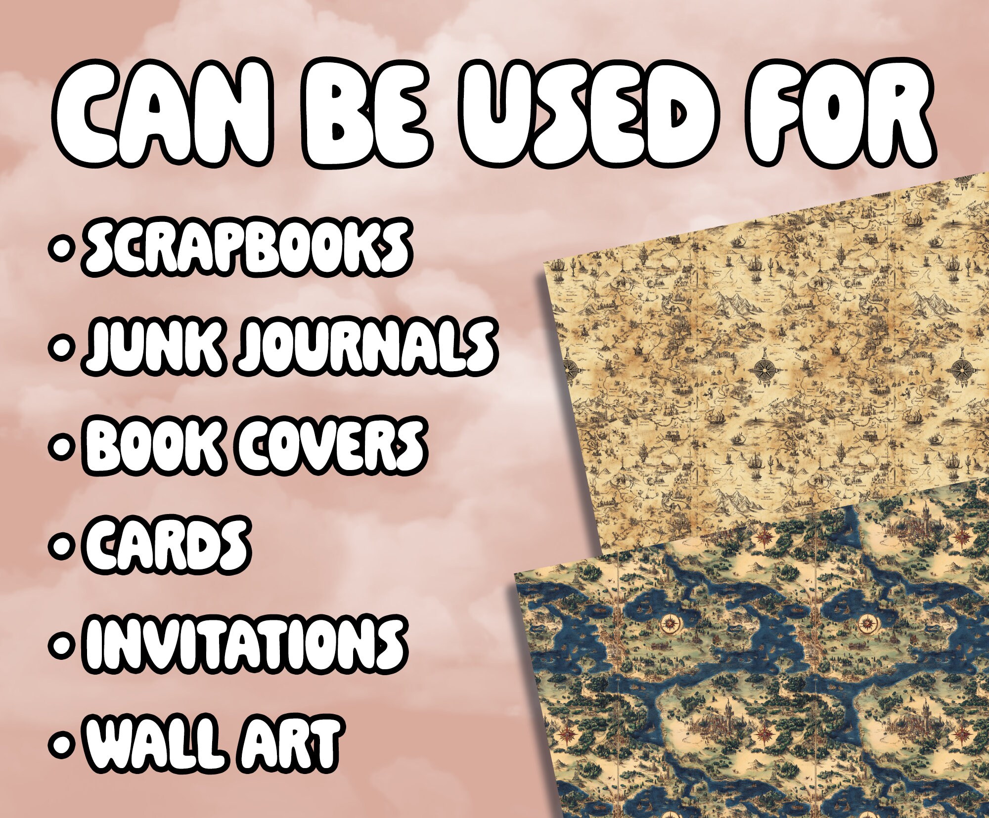 Vintage Fantasy Map Digital Paper Antique Map Seamless Pattern World ...