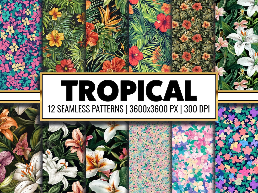 Tropical Floral Digital Paper: Summer Palm Leaf Seamless Patterns (PNG ...