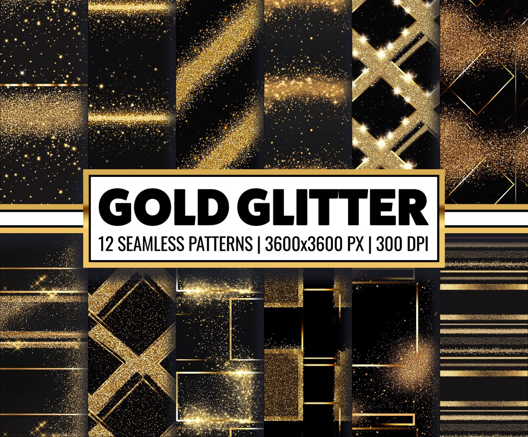 Gold Glitter Digital Paper Gold on Black Seamless Pattern Gold Confetti ...