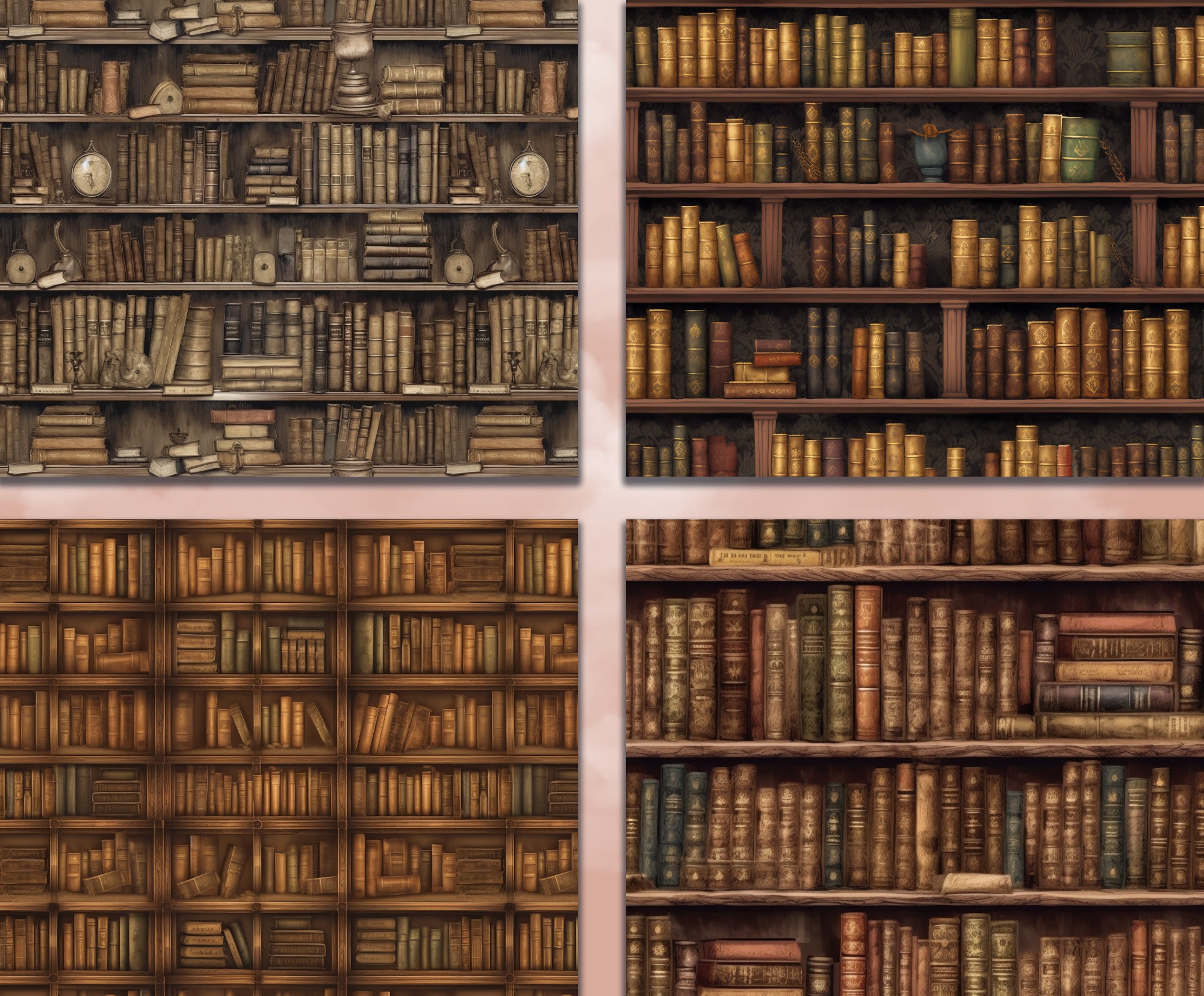 Bookcase Digital Paper Pack Library Background Bookshelf Seamless ...