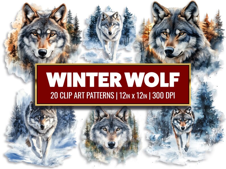 Winter Wolf Watercolor Clipart: Forest Animal PNG Images (digital ...