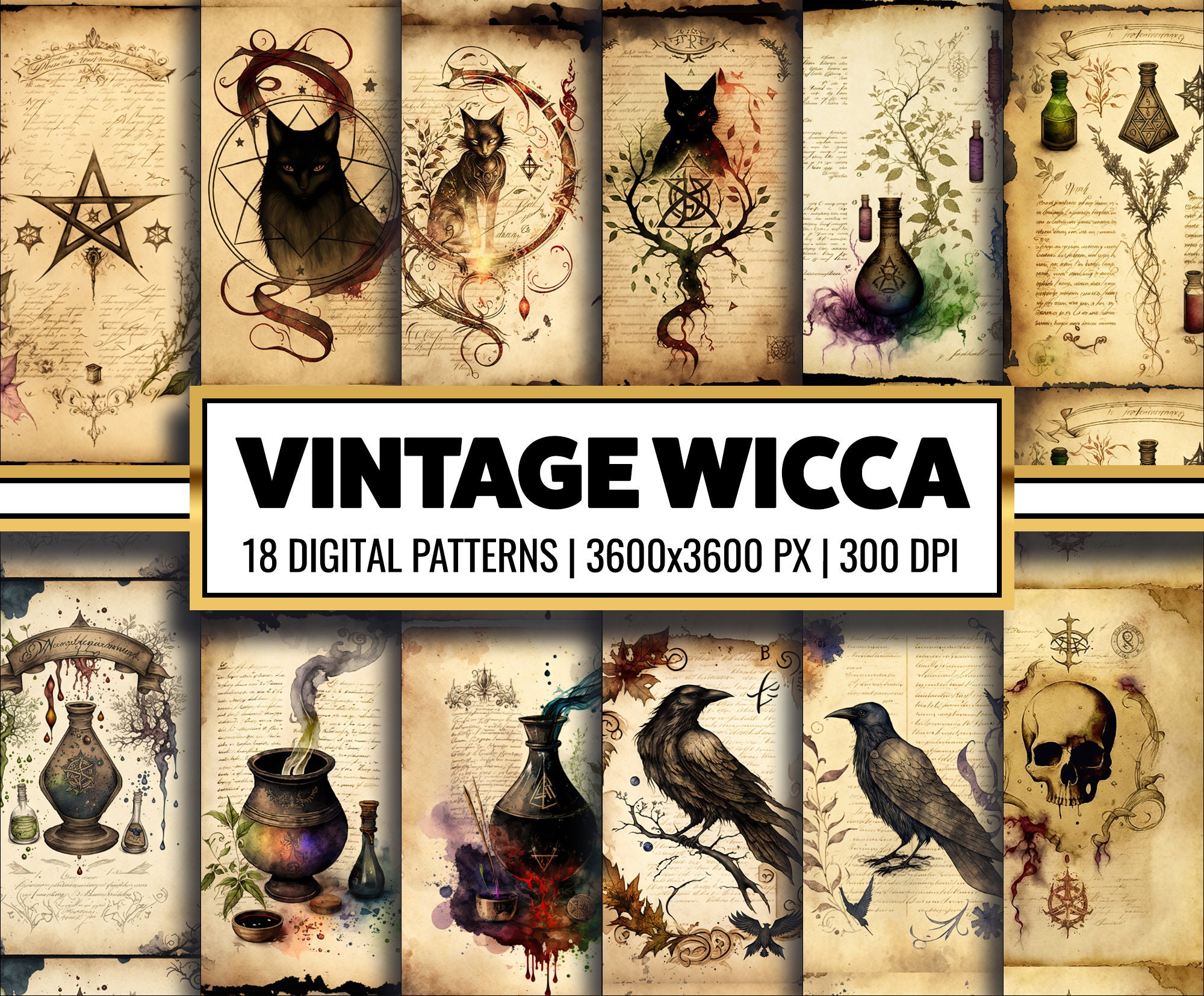 Vintage Wicca Digital Paper Witch Journal Paper Pattern Dark Ephemera ...