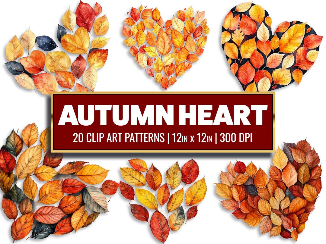 Autumn Heart Clip Art Fall Leave Heat Digital Paper Watercolor Fall ...