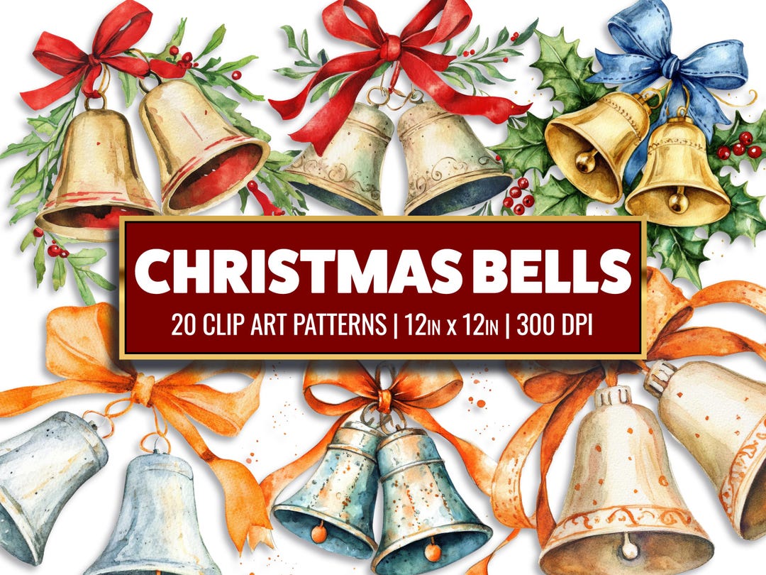 Christmas Bell Clip Art Gold Bell Digital Paper Craft Watercolor Bell ...