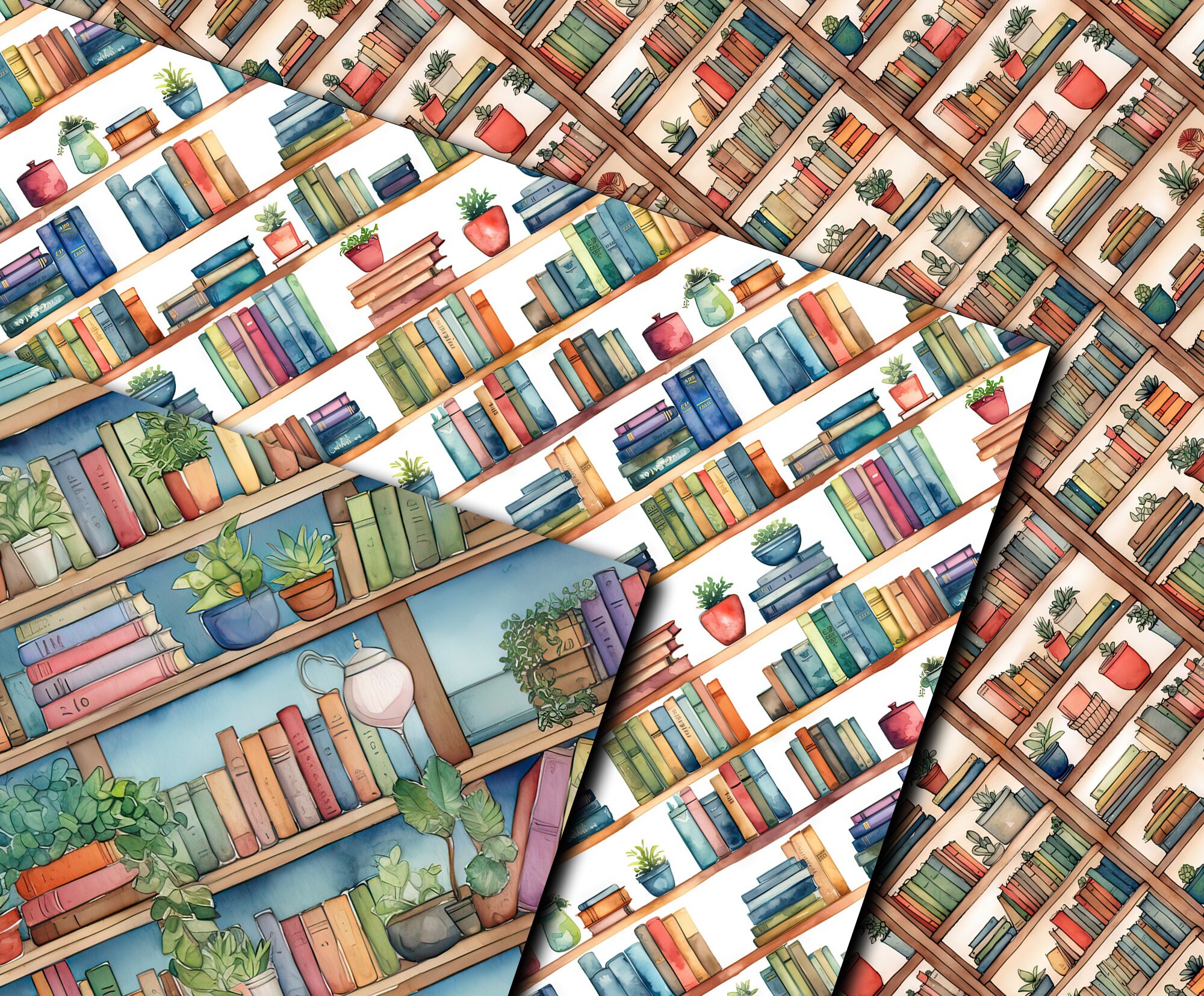 Watercolor Bookcase Digital Paper Pack, Reading Library Pack of ...