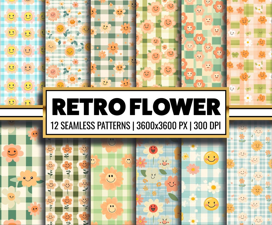 Groovy Flower Digital Paper Retro Seamless Pattern Smiling Daisy Paper ...