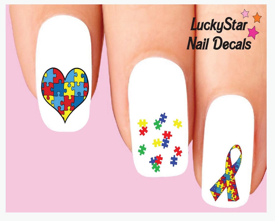 Nail Decals Nail Tattoos Set of 20 - Autism Ribbon Heart Assorted - Etsy