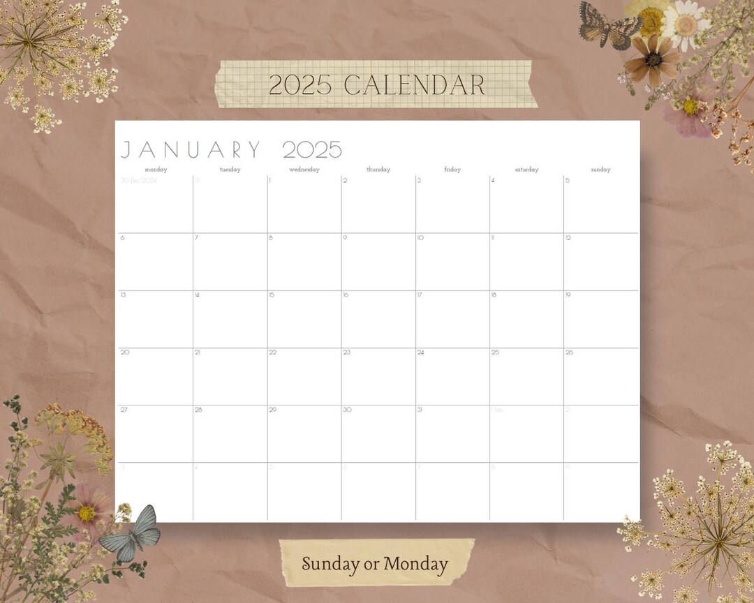 2025 Minimalist Monthly Calendar PDF Digital Download 6-week Overview ...
