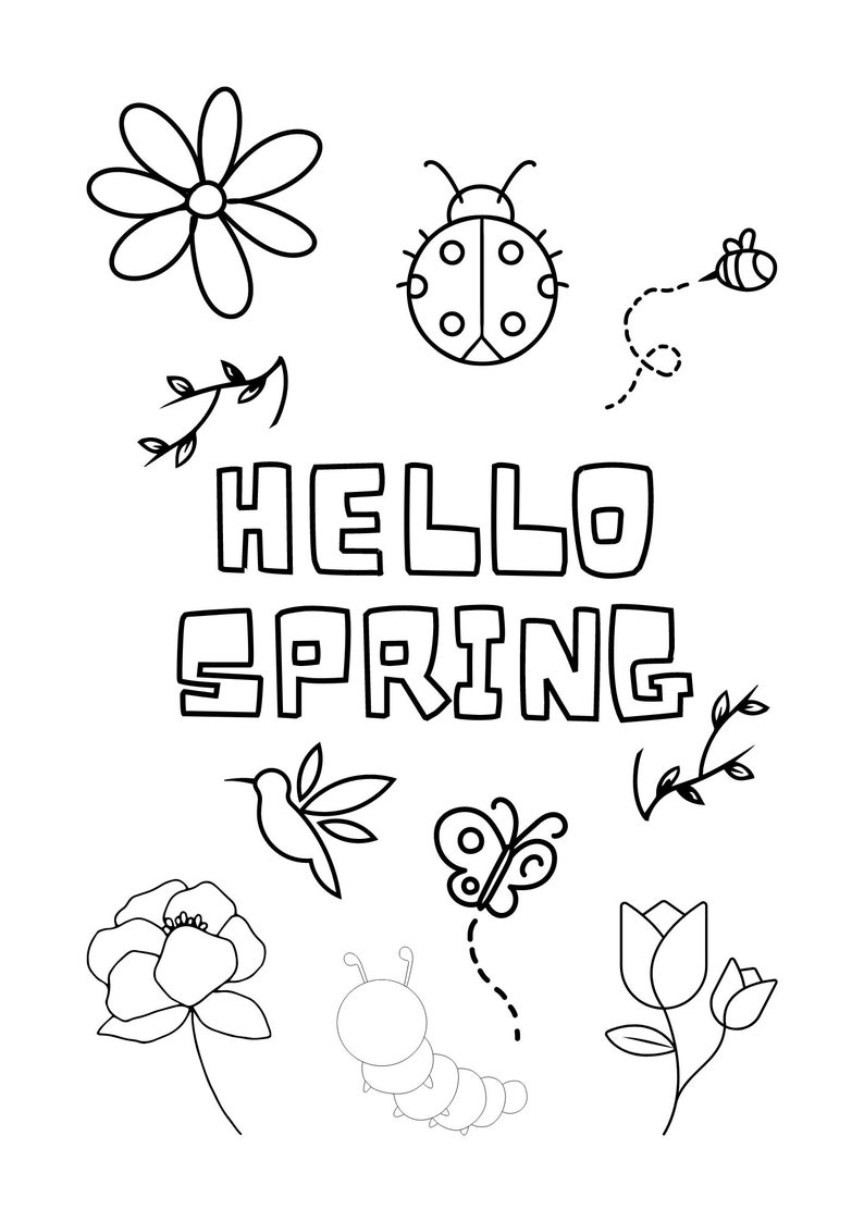 Hello Spring Coloring Page - Color and Cut - Etsy