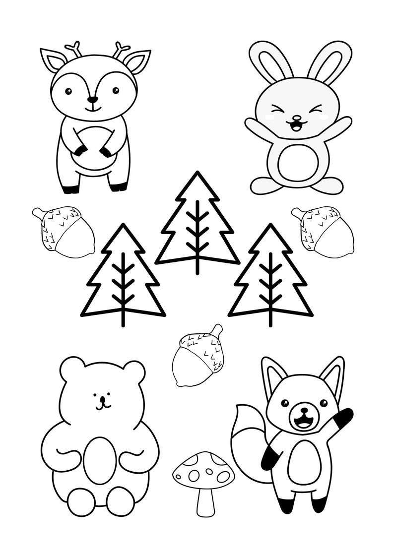 Woodland Creatures Coloring Page - Color and Cut - Etsy