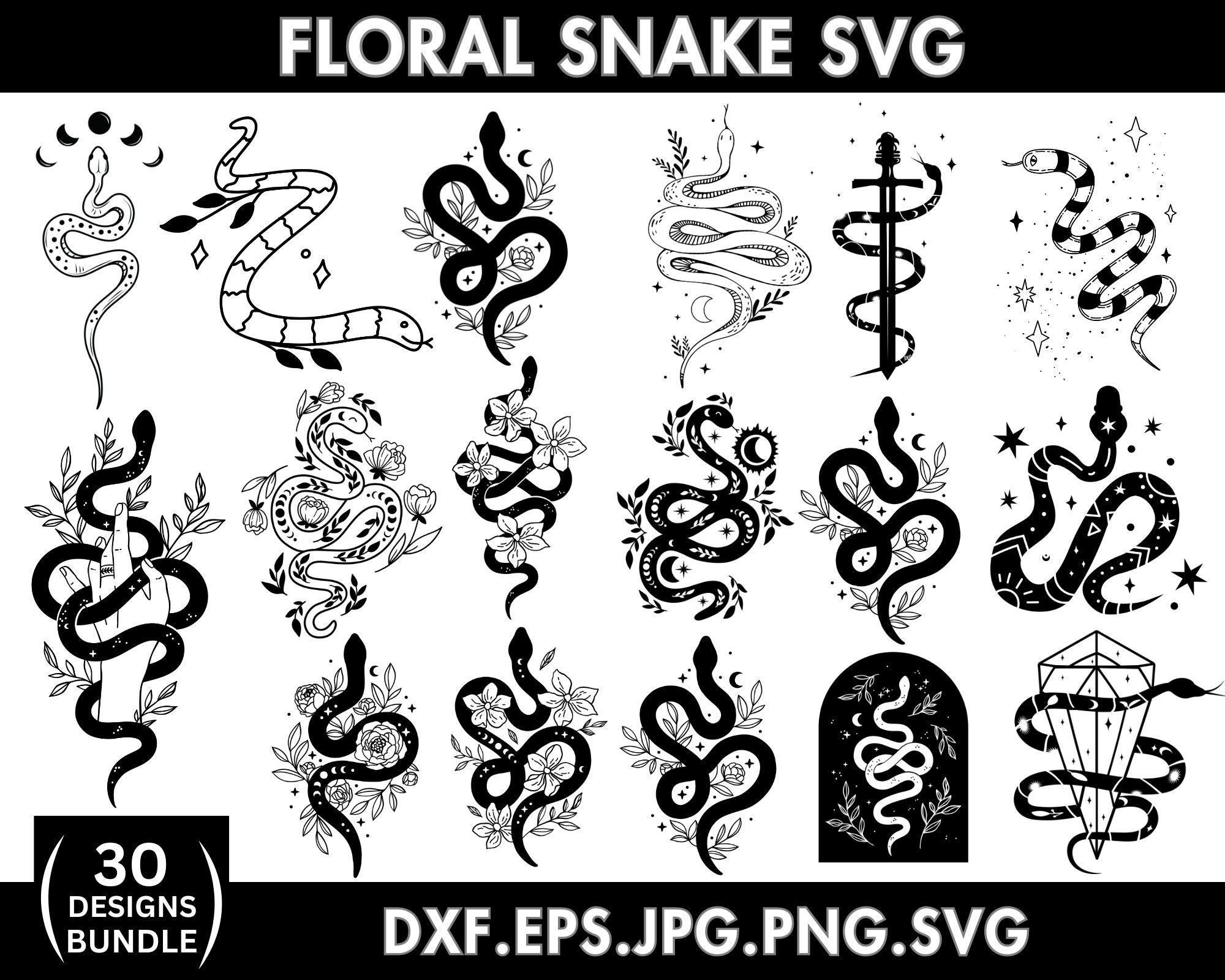 Floral Snake Svg Bundle, Snake Clipart, Celestial Snake Svg, Snake With ...