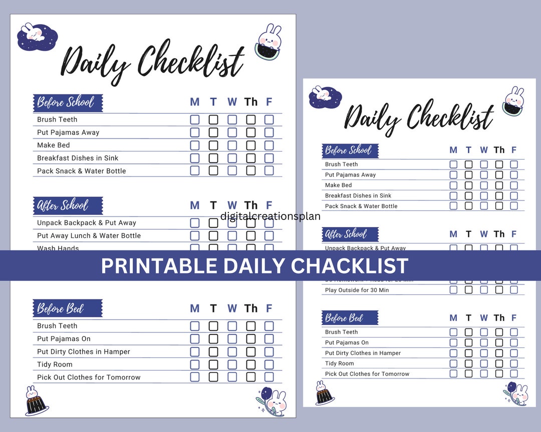 Printable Daily Checklist, Daily Task Template, Responsibility Chore ...