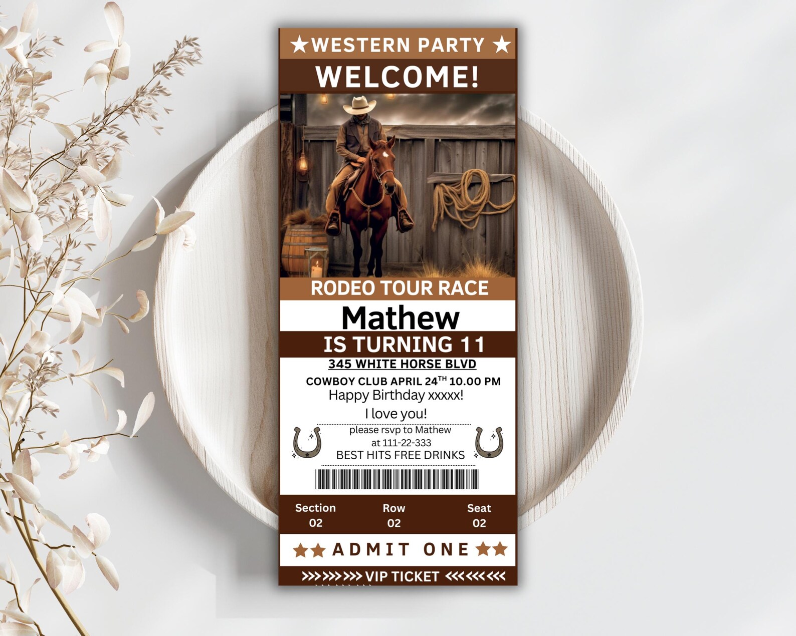 Western Rodeo Ticket Invitation, Birthday Party Cowboy or Cowgirl ...