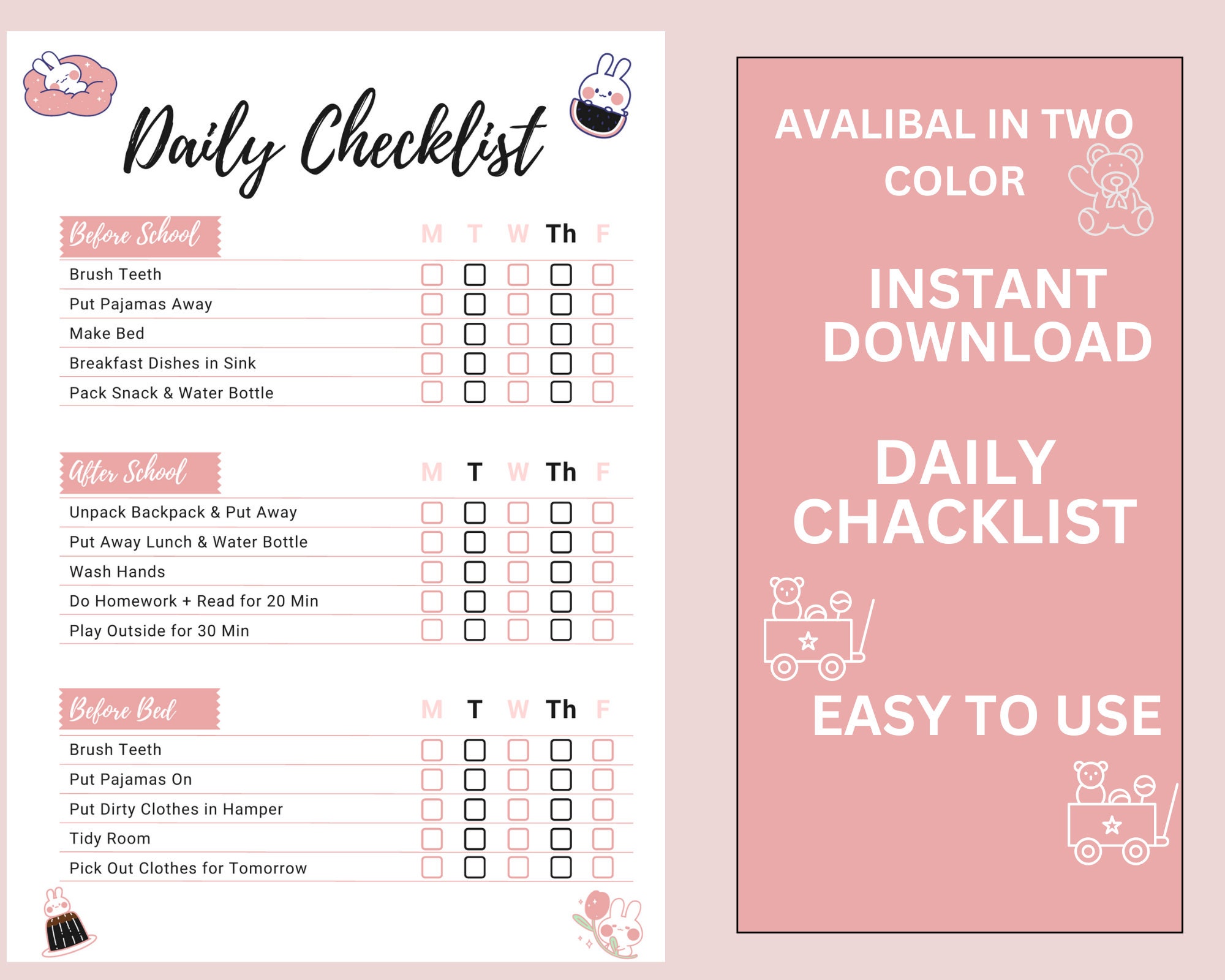 Printable Daily Checklist Daily Task Template Responsibility - Etsy