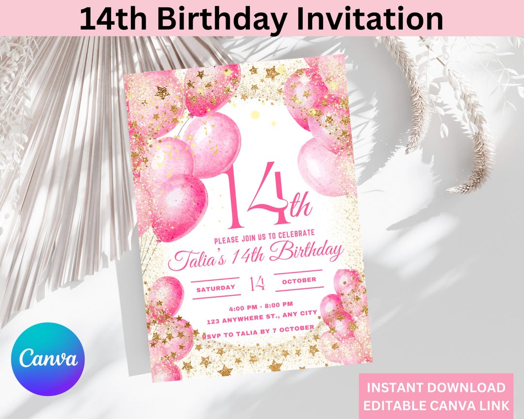 14th Birthday Invitation, Pink Birthday Invitation Template, 14th ...