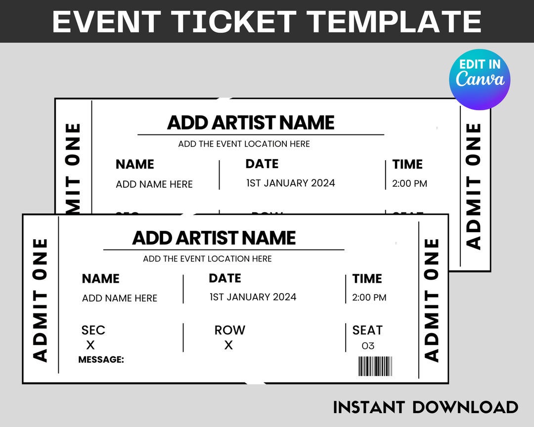 CANVA Editable Event Ticket Template, Printable Ticket, Ticket ...