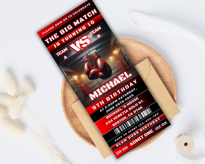 Boxing Ticket Birthday Invitation Template | Editable Canva Sports ...