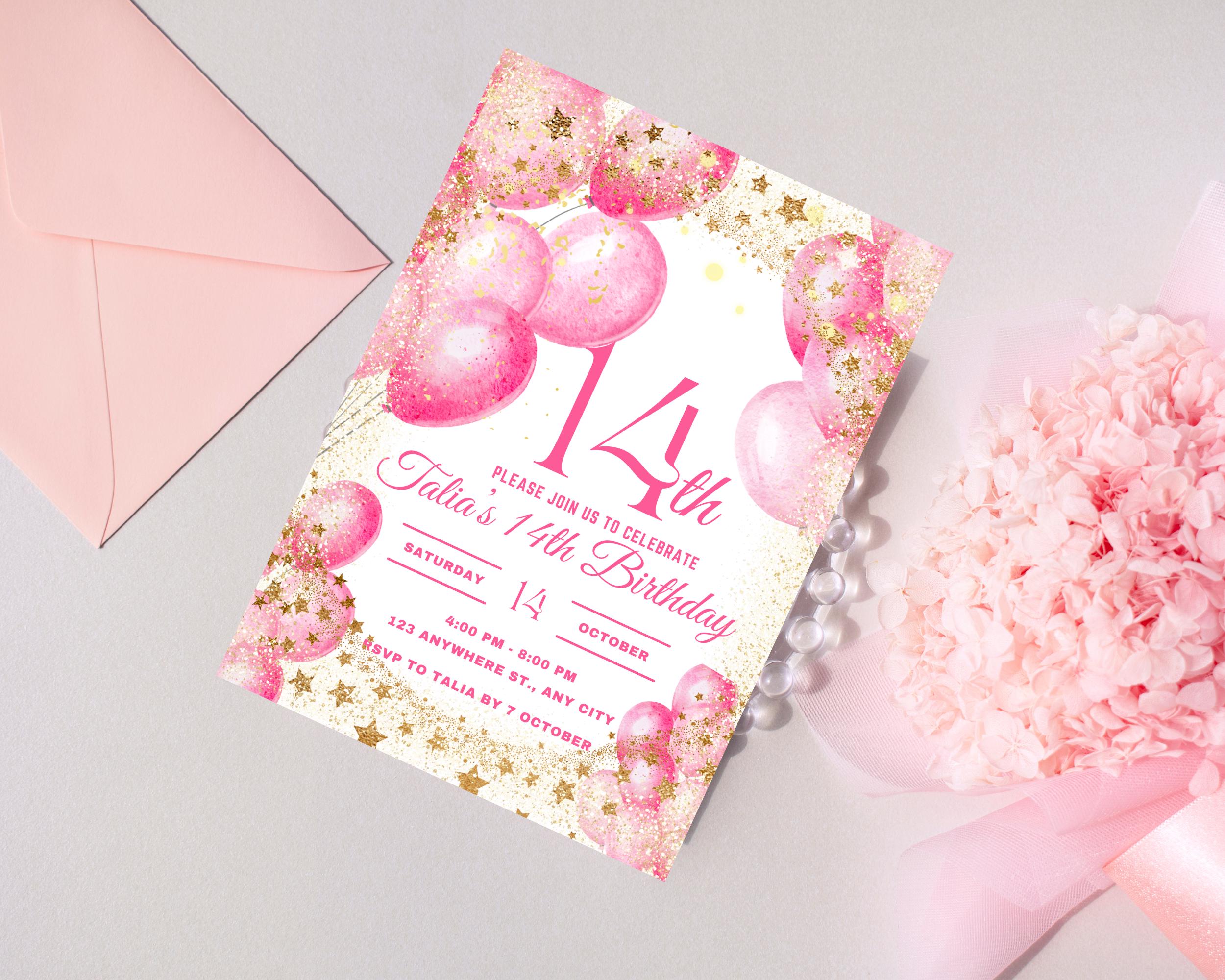 14th Birthday Invitation, Pink Birthday Invitation Template, 14th ...