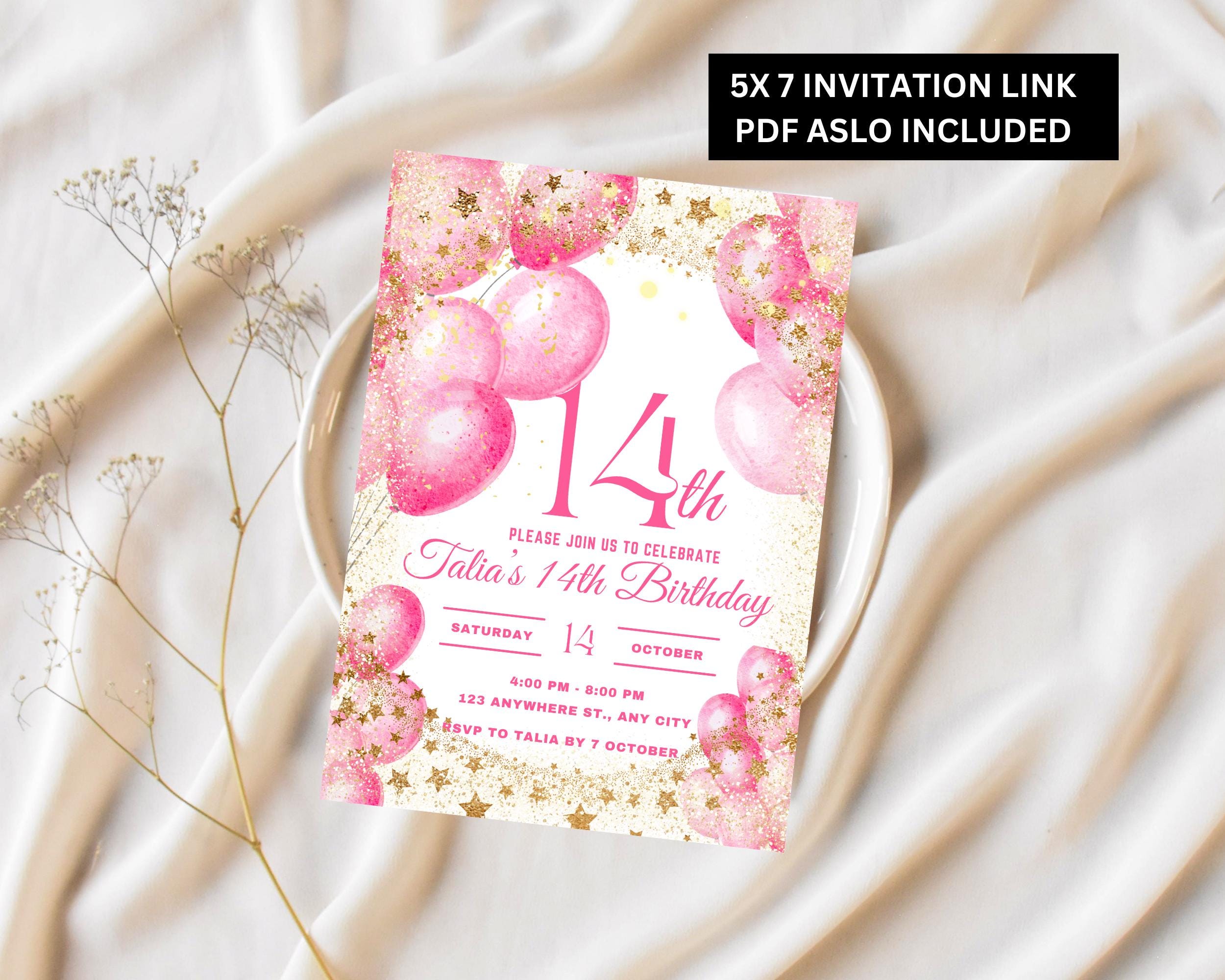 14th Birthday Invitation, Pink Birthday Invitation Template, 14th ...