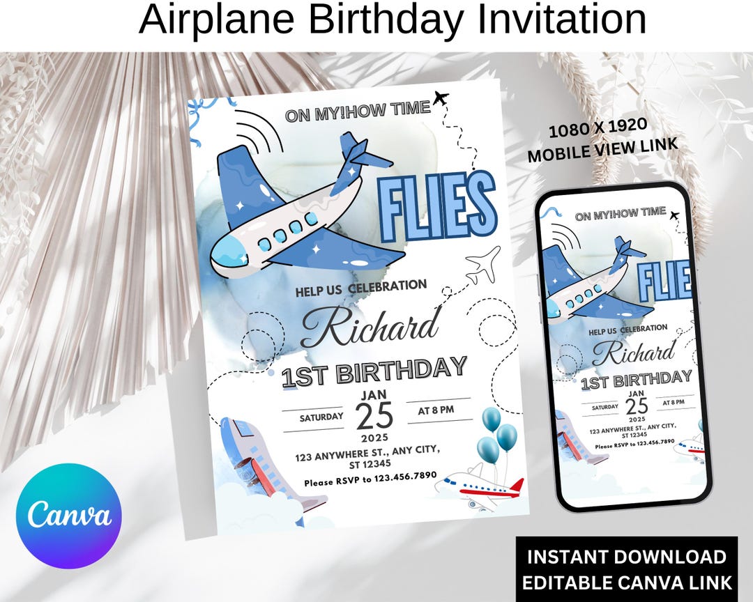 Airplane Birthday Invitation Template,vintage Travel 1st Birthday Party ...