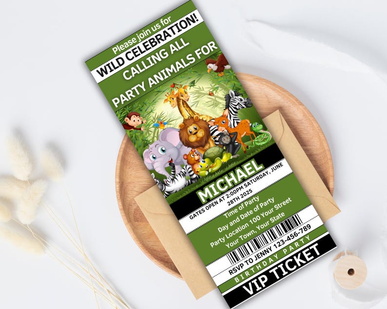 Editable Zoo Birthday Party Invitation Ticket, Zoo Animal Invitation ...