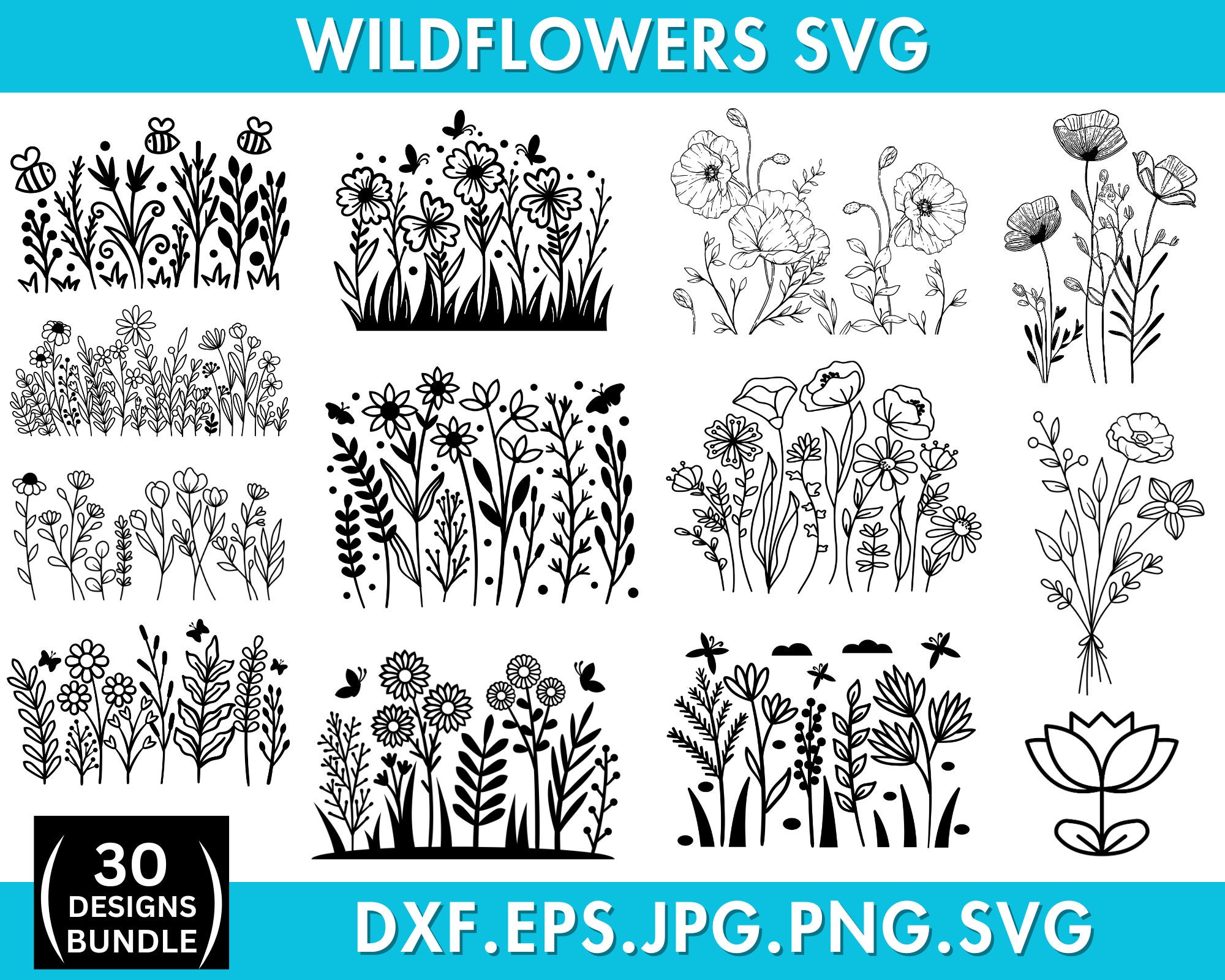 30 Wildflowers Svg, Wild Flower Svg Bundle, Floral Frame Svg, Split ...