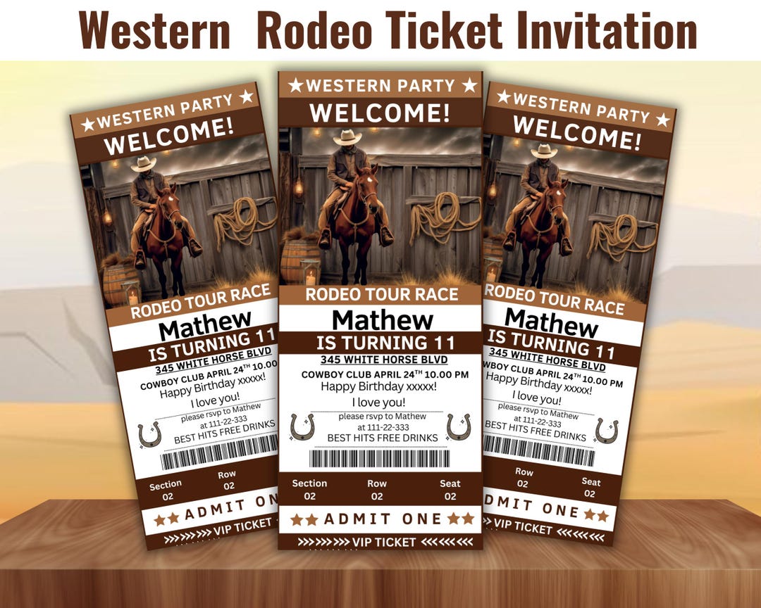 Western Rodeo Ticket Invitation, Birthday Party Cowboy or Cowgirl ...