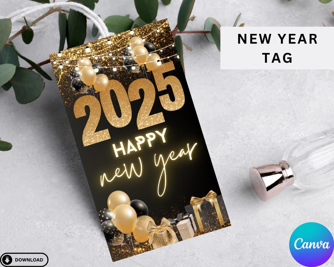 Editable New Year Tag, Printable Black and Gold Colour Tag, New Year ...