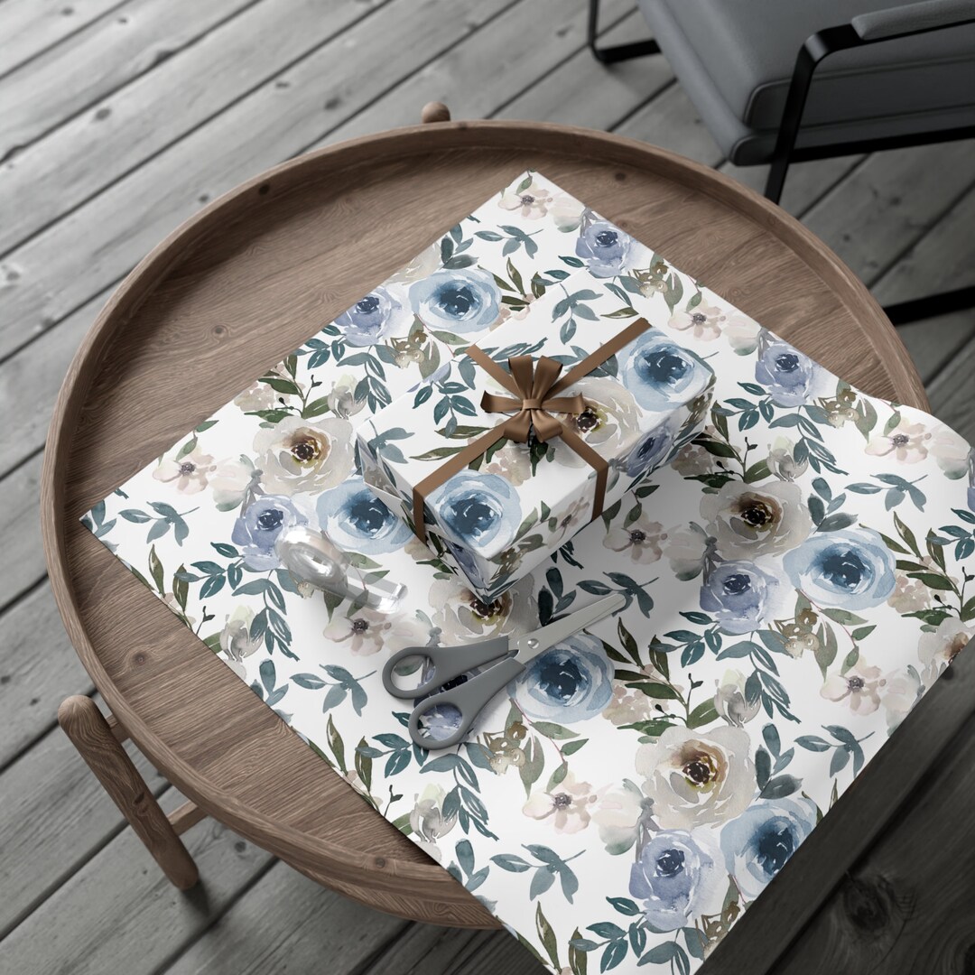 Blue Watercolour Floral Gift Wrap Paper, Gifting, Wrapping Paper, Gift ...