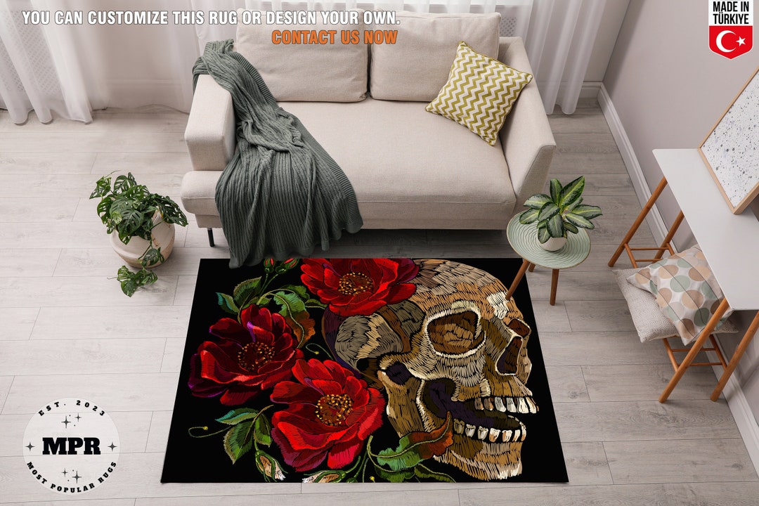 Skull Rug, Red Roses Rug, Gothic Art Area Rug, Skull and Red Roses ...