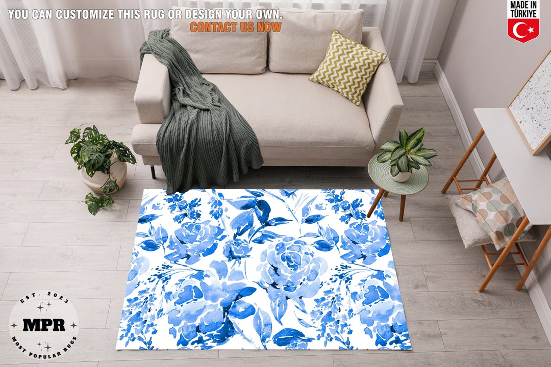 Blue Floral Rugs, Floral Accent Rug, Blue Floral Area Rug, Watercolor ...