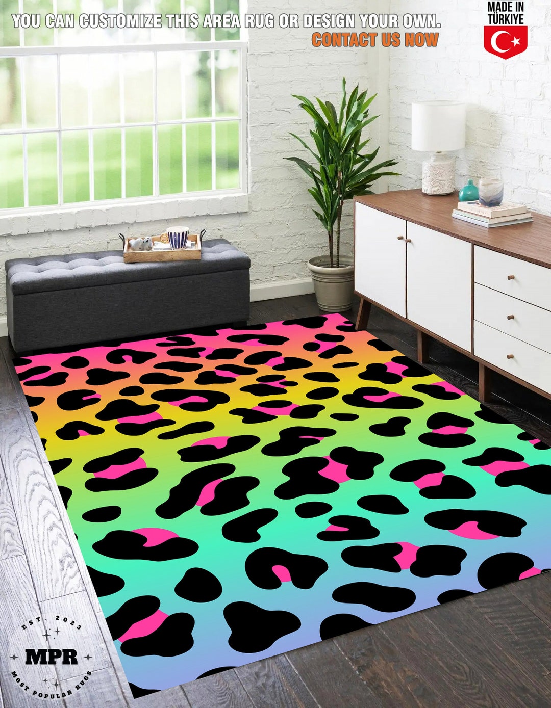 Multi Coloured Rug Leopard Print Rug Living Room Rugs Neon - Etsy