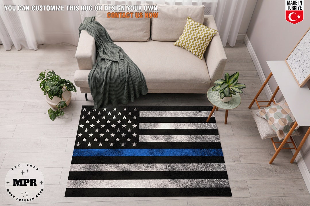 Police Rugs, Police Support USA Flag Area Rug, Black White and Blue ...