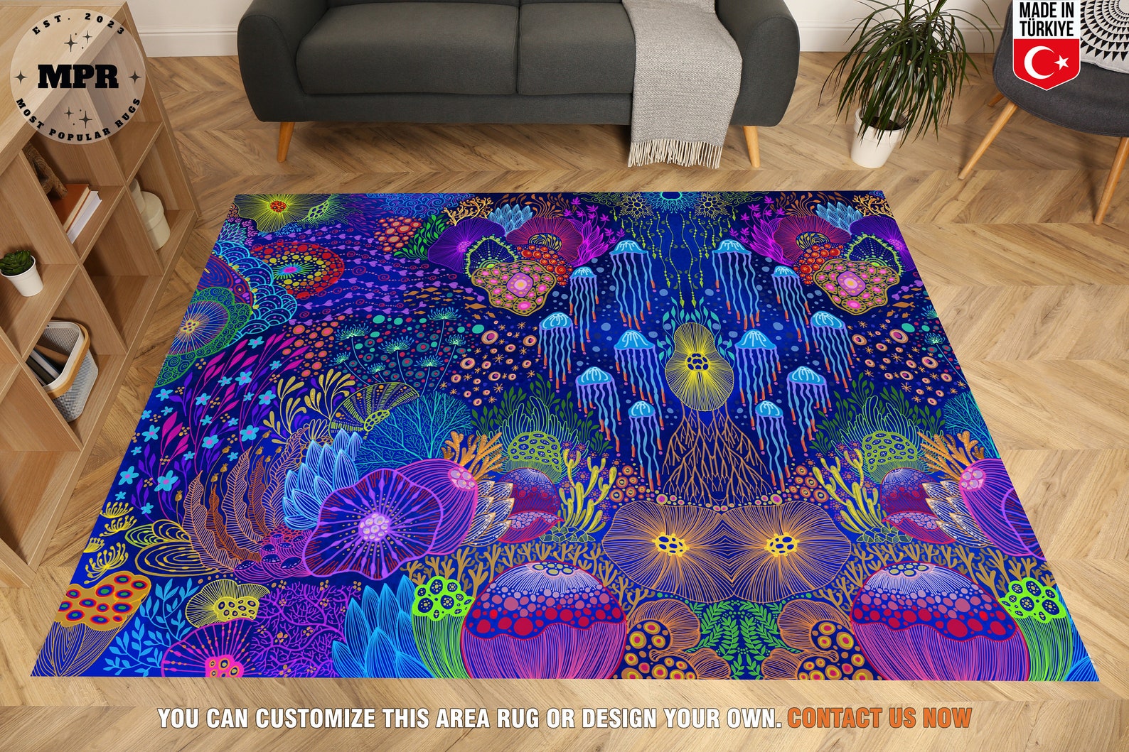 Neon Rugs, Underwater Ecosystem in Neon Area Rug, Vibrant Blue Area ...
