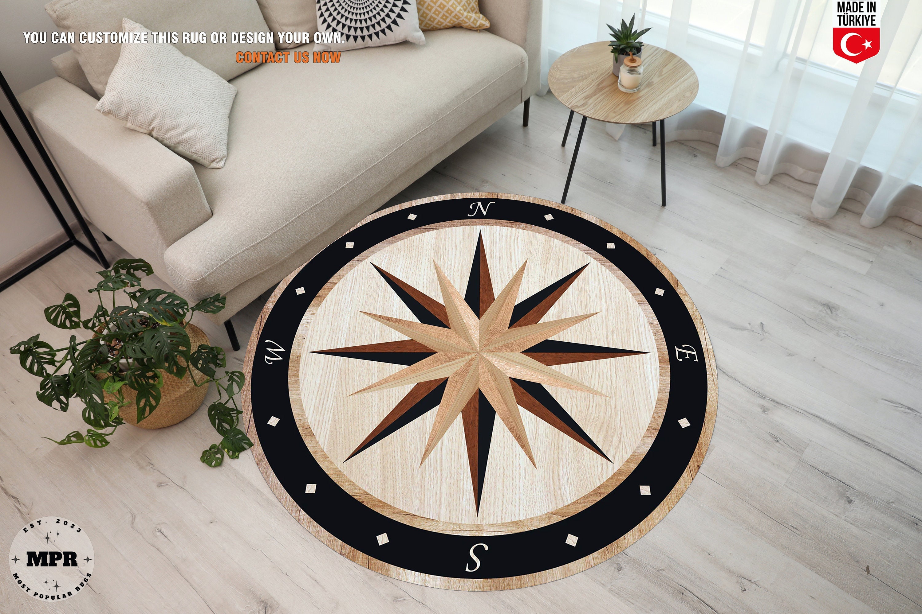 Round Yacht Rug, Compass Rug, 3D Compass Rug, Non-slip Floor Area Round ...