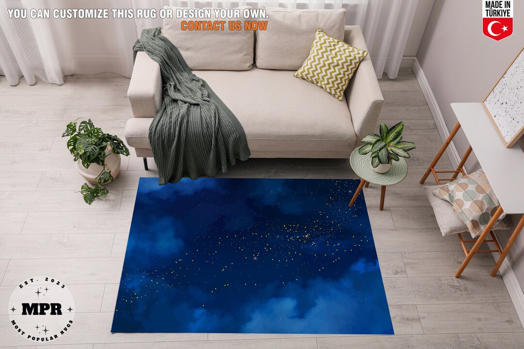 Sky Rug, Stars and Clouds Area Rug, Dark Blue Watercolor Floor Mats ...