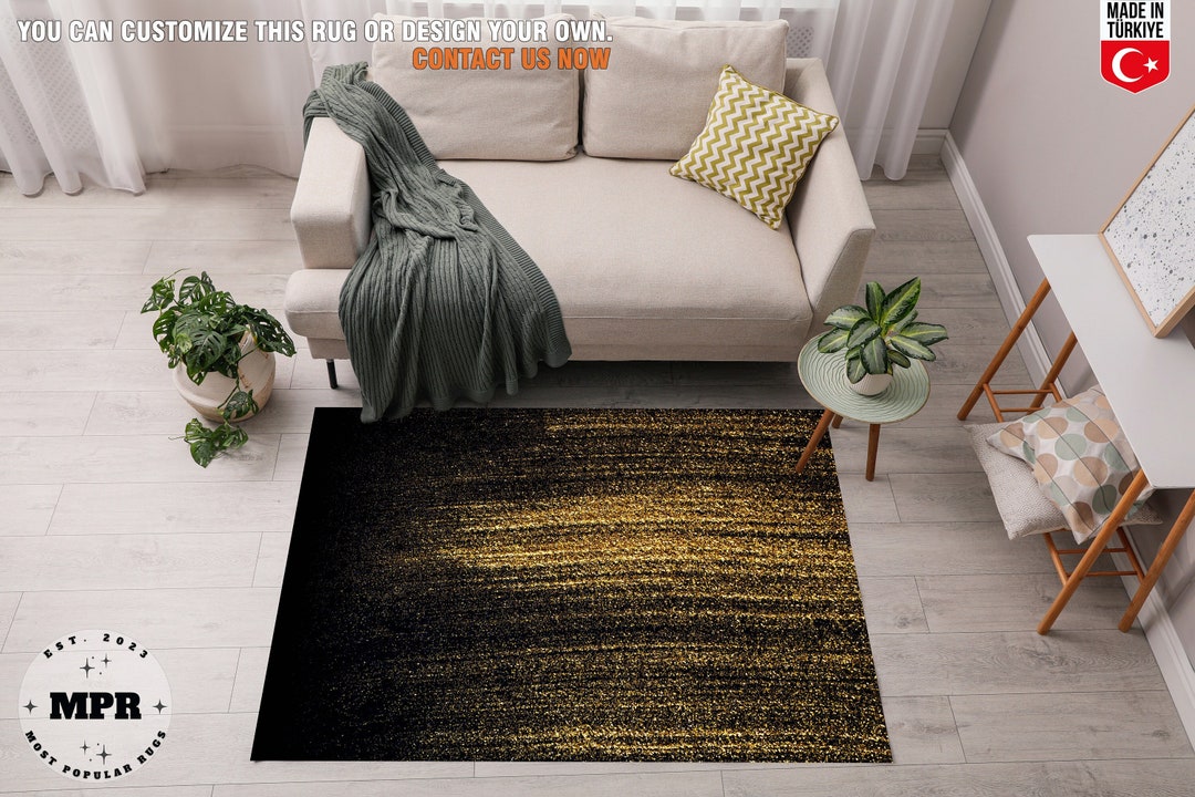Gold Glitter Powder Dust Rug, Black and Gold Area Rugs, Gold Print Area ...