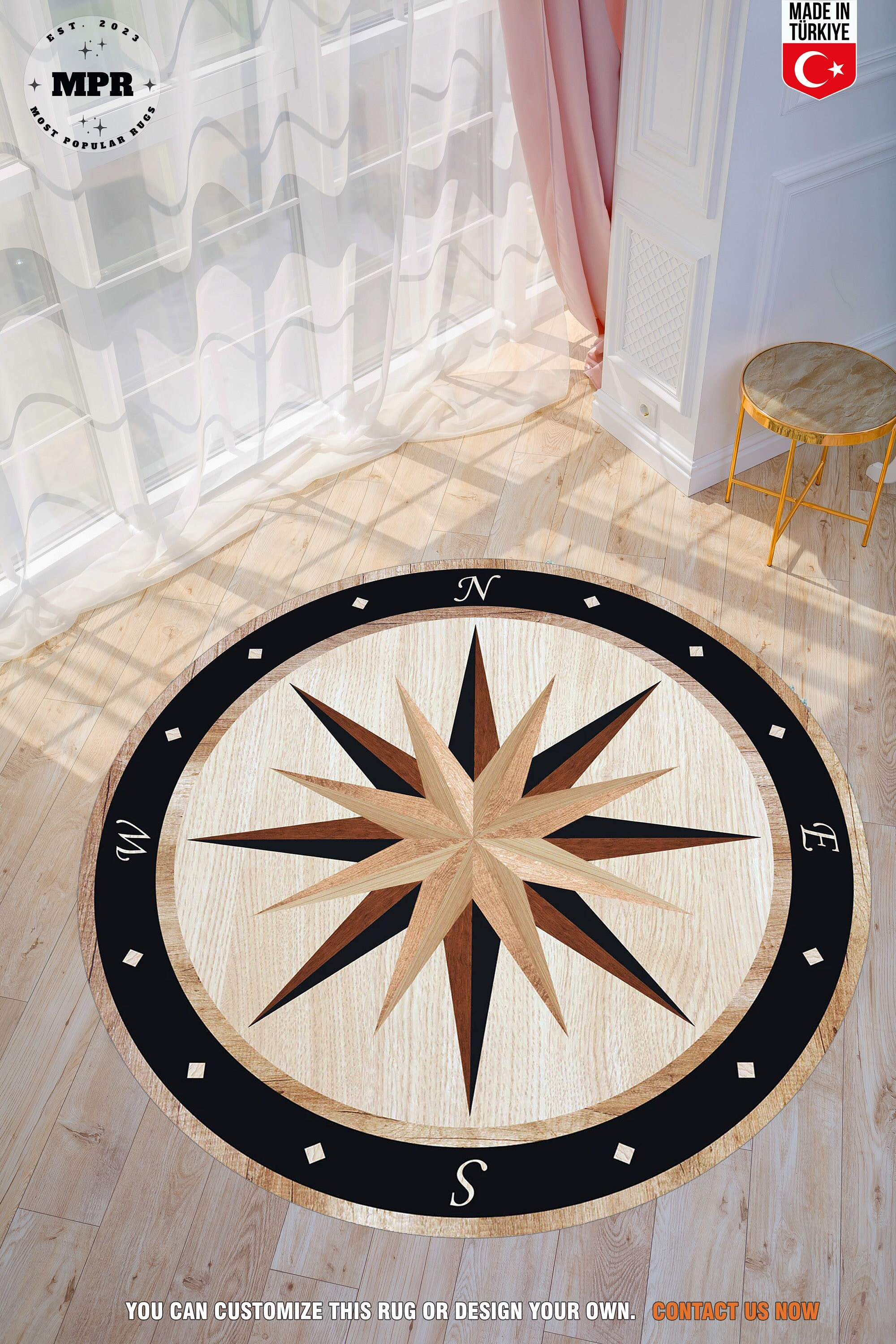Round Yacht Rug, Compass Rug, 3D Compass Rug, Non-slip Floor Area Round ...