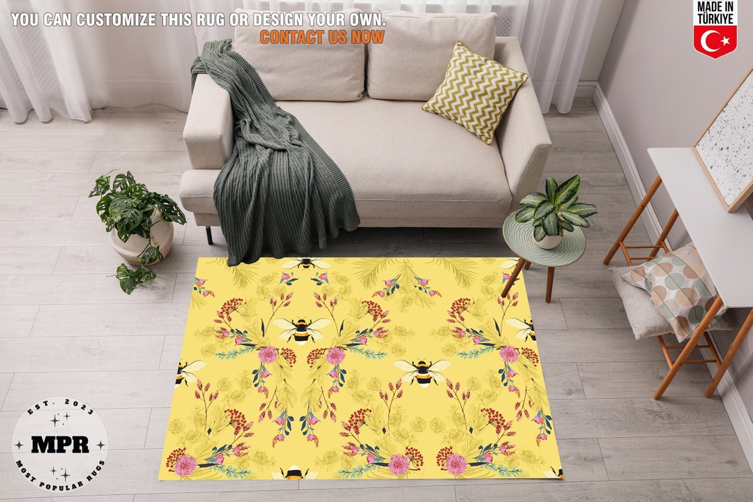 Bee Rugs, Garden Flowers and Bees Area Rug, Insect Rug, Yellow and Pink ...