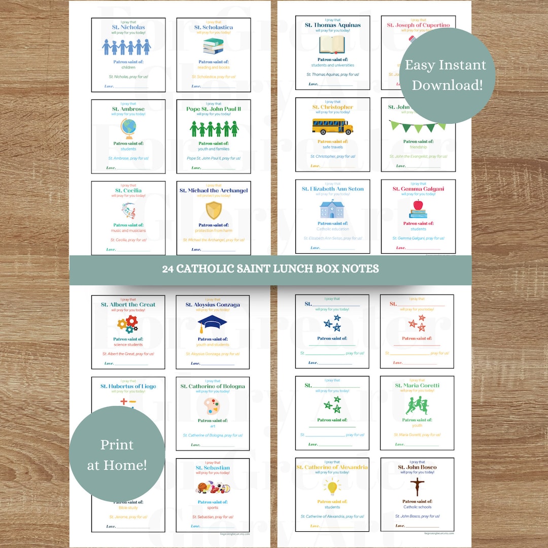 Catholic Patron Saint PDF Lunch Box Notes, First Day of School Gift ...