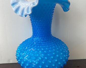 Fenton Double Crimped Colonial Blue Overlay Cased Hobnail Ruffled Vase ...