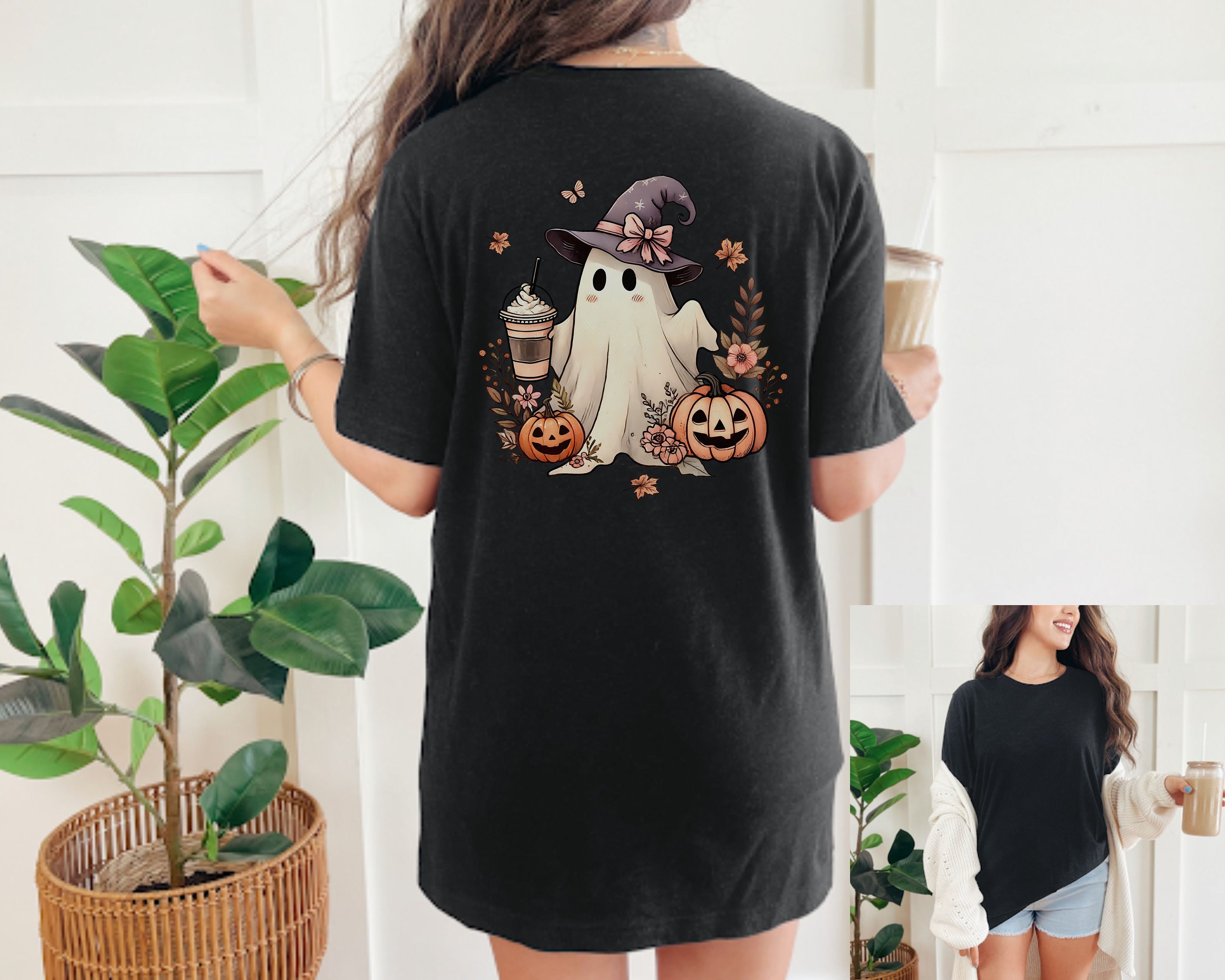 Iced Coffee Ghost T-shirt,ghost Shirts,floral Ghost Tee,spooky Season ...