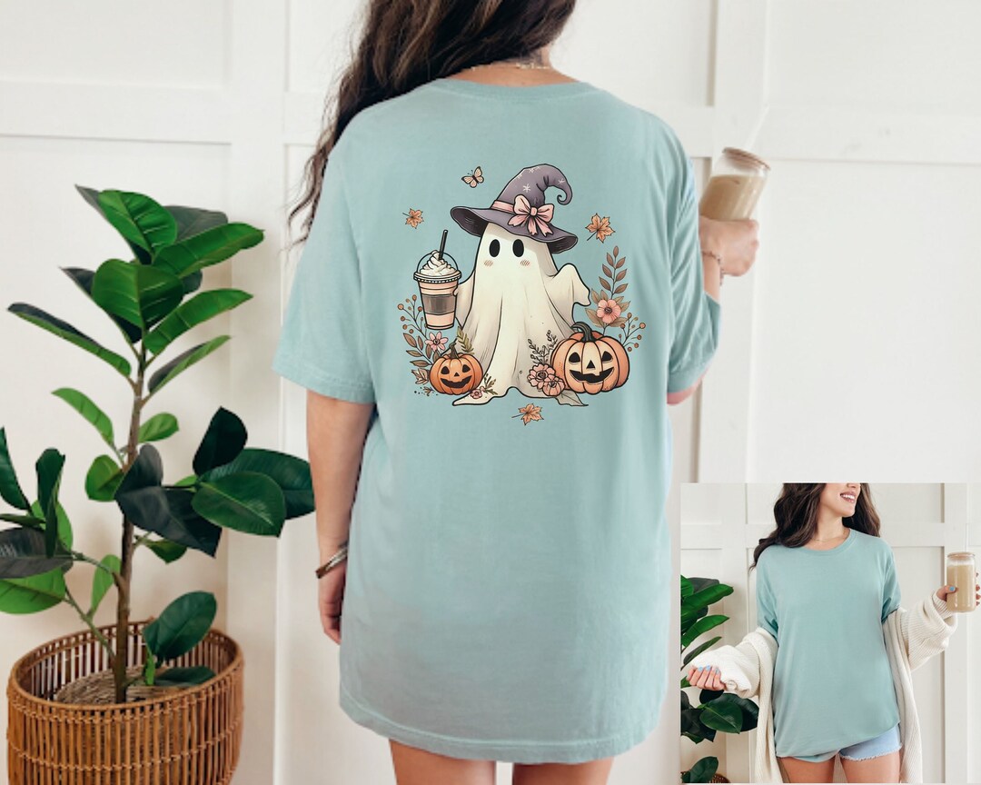 Iced Coffee Ghost T-shirt,ghost Shirts,floral Ghost Tee,spooky Season ...
