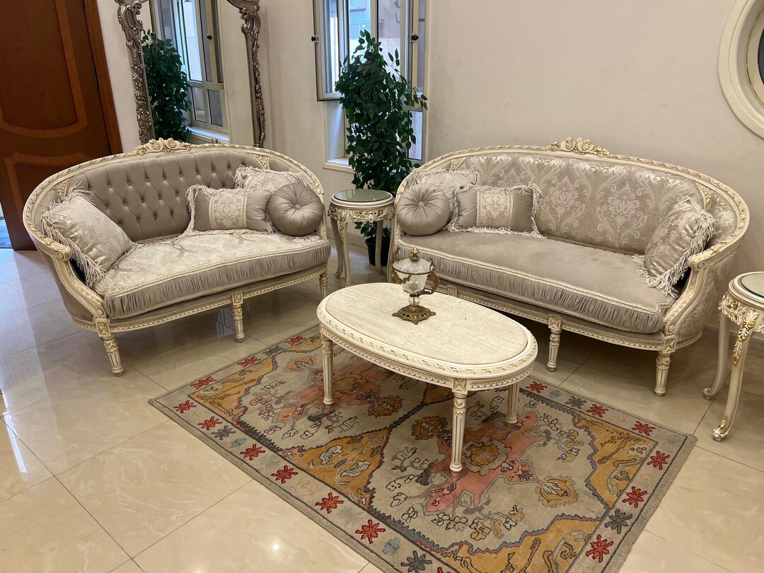 French Vintage Baroque Sofa Set, Cream & Gold , Mocha Fabric, Marble ...